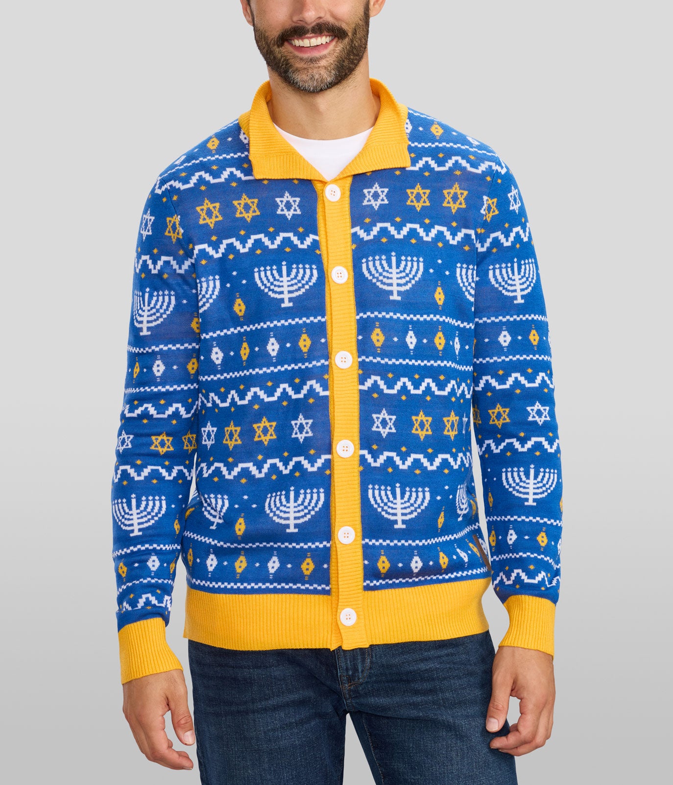 Menorah Print Cardigan Sweater: Men's Hanukkah Outfits | Tipsy Elves