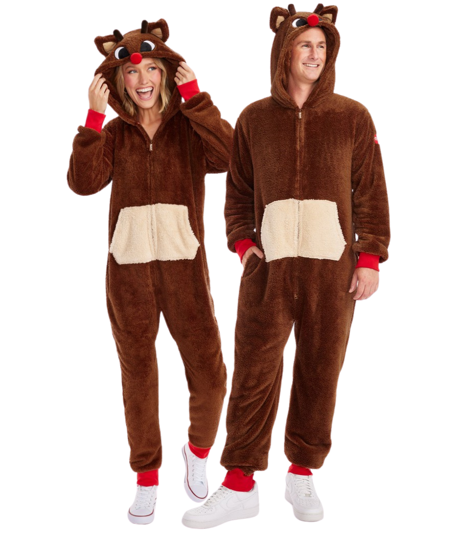Matching Rudolph Sherpa Couples Jumpsuits | Tipsy Elves